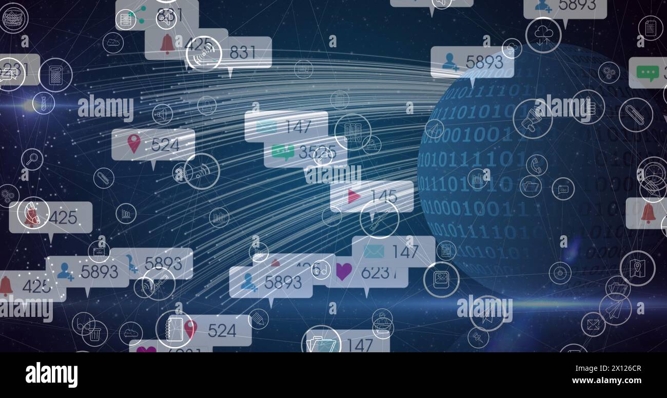 Image Of Globe With Binary Coding And Network Of Social Media Icons And 2443