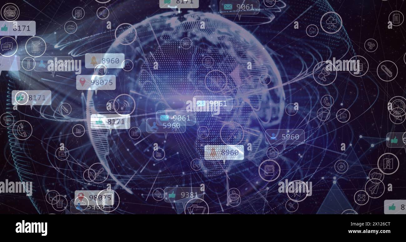 Image of globe with network of social media icons and numbers Stock ...