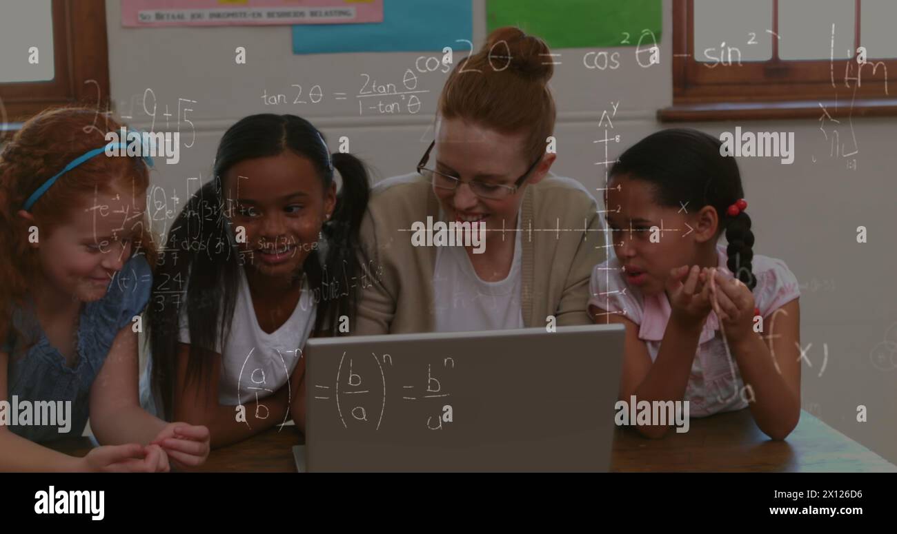Image of math formulas moving over diverse female teacher and pupils ...