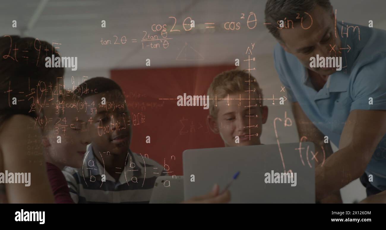 Image of math formulas moving over diverse male teacher and pupils ...