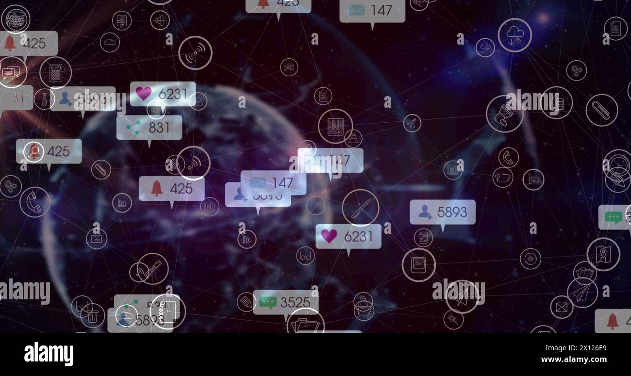 Image of globe with network of social media icons and numbers Stock ...