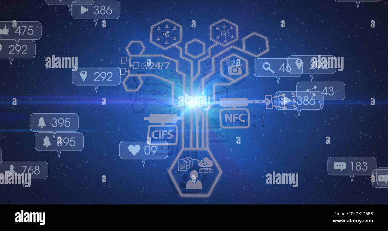 Image of glowing light with network of social media icons and numbers ...