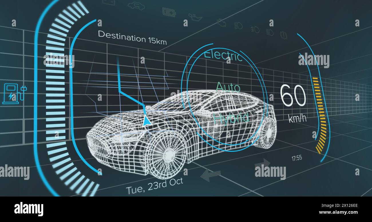 Image of speedometer over electric car project on navy background Stock ...