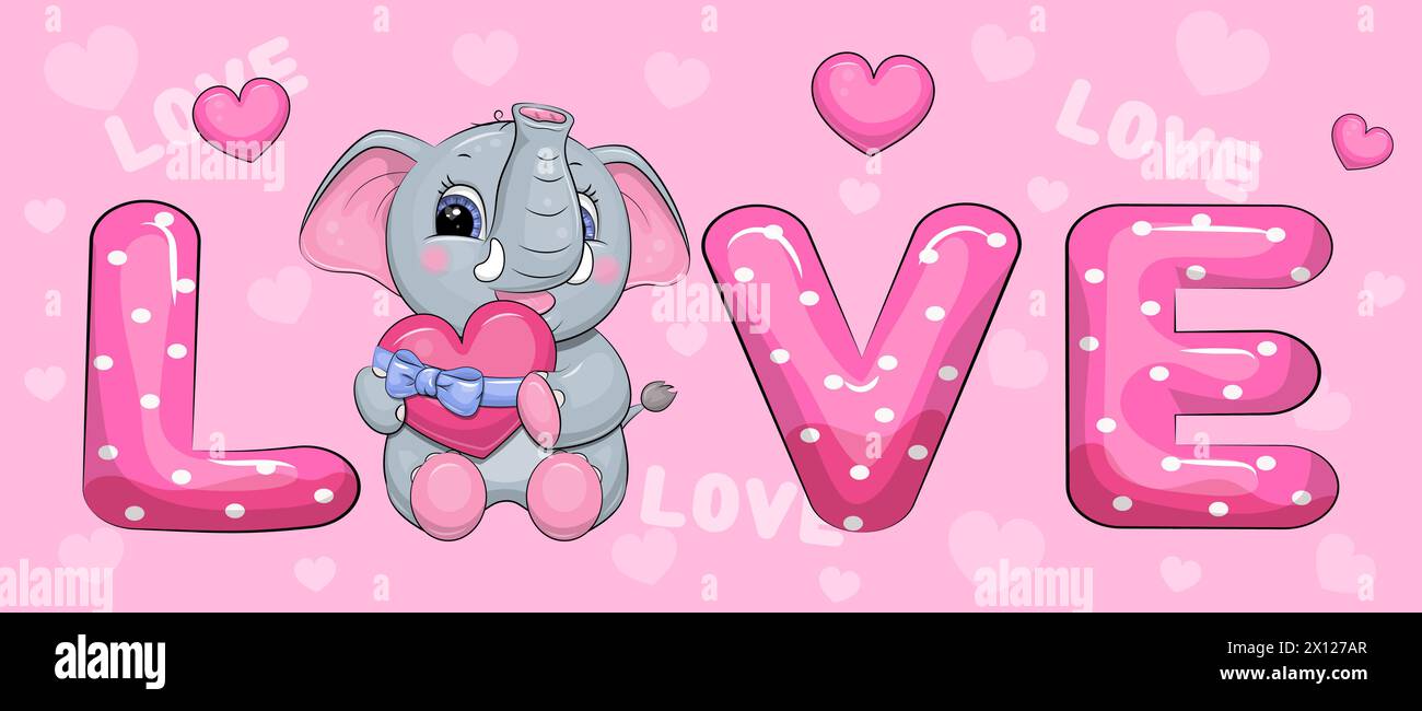 Word Love and cute cartoon elephant with heart. Vector illustration of ...
