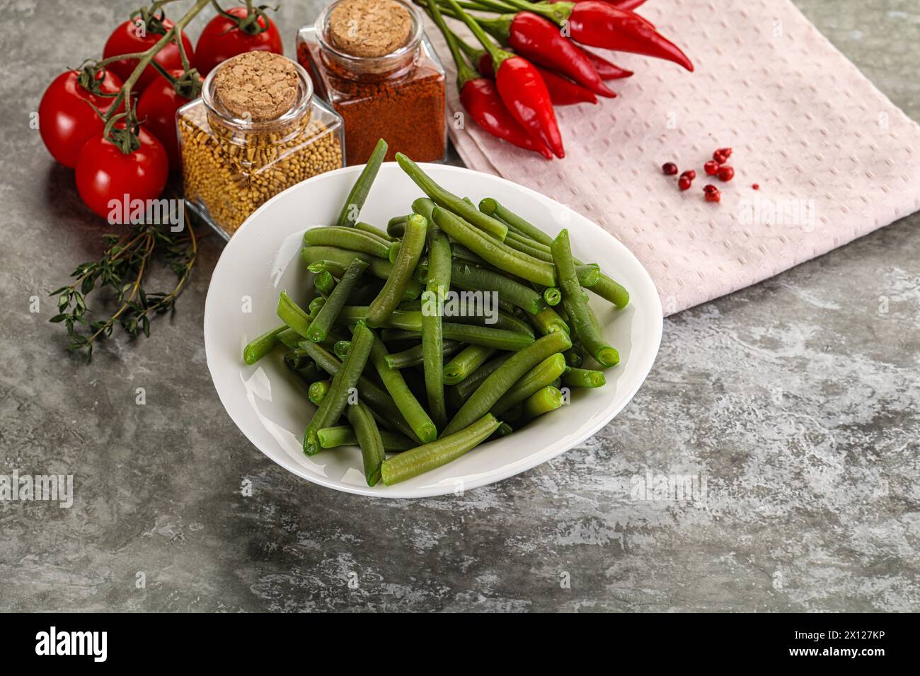Vegan cuisine - boiled green bean snack Stock Photo - Alamy