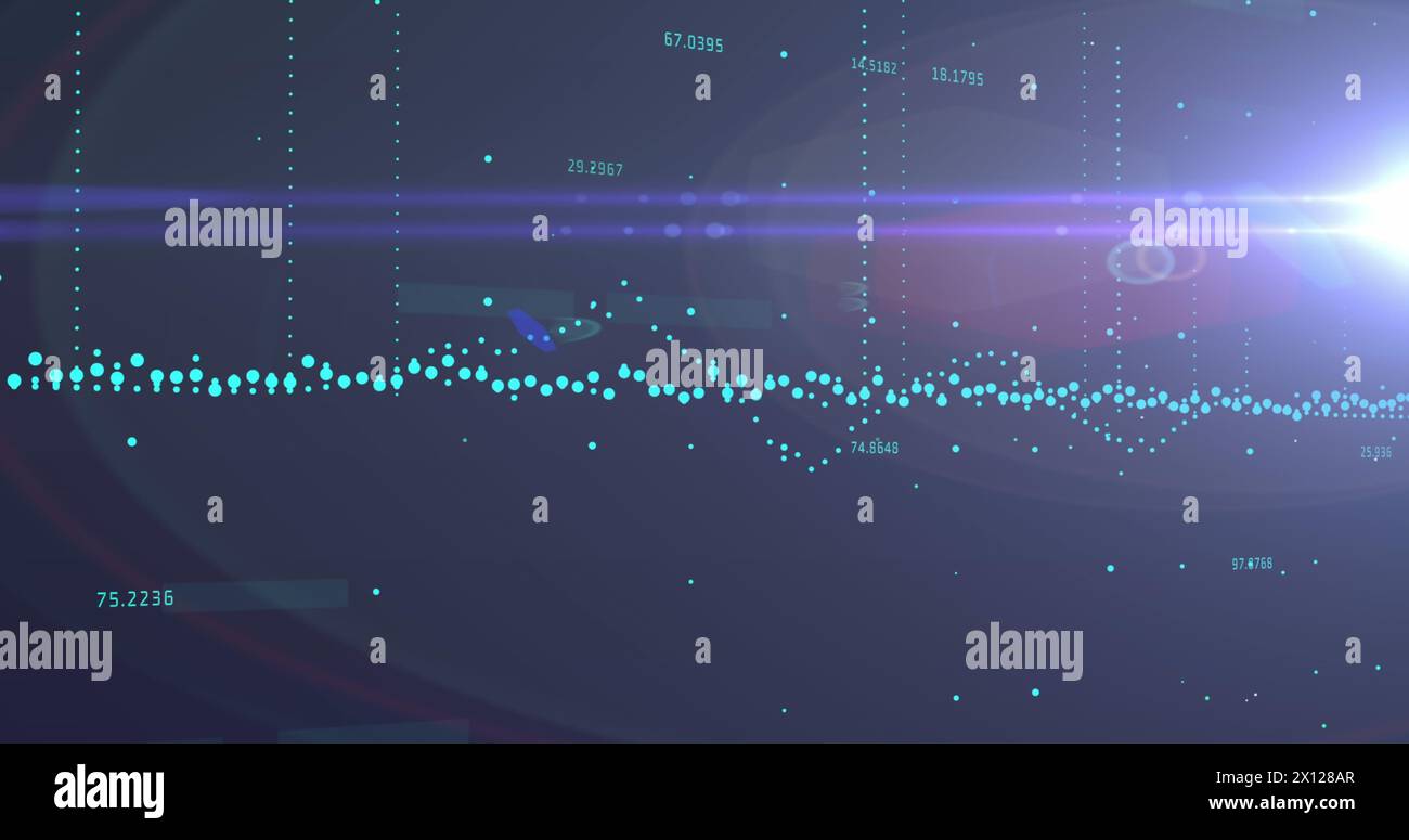 Image of graphs, increasing numbers and lens flare against abstract ...