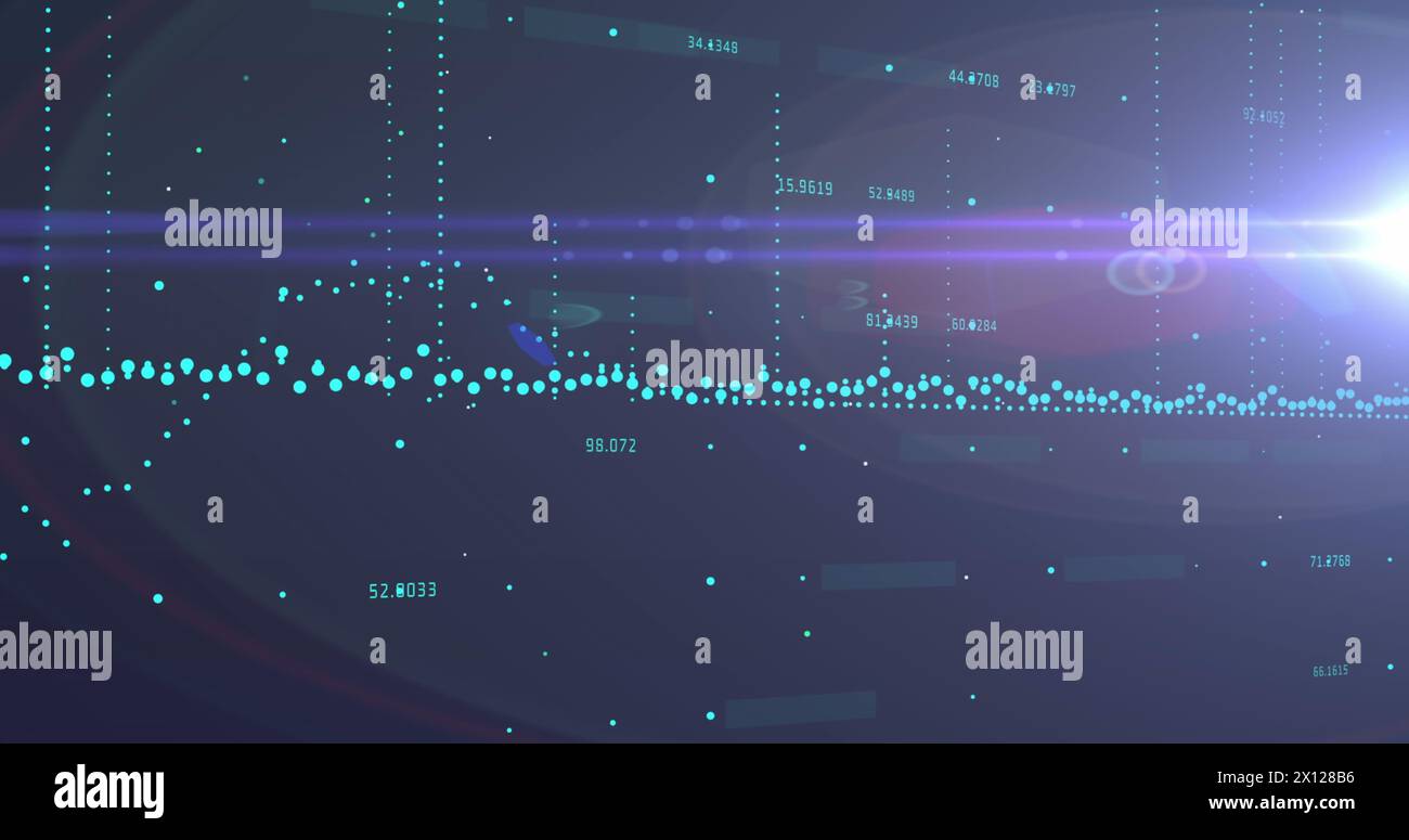 Image of graphs, increasing numbers and lens flare against abstract ...