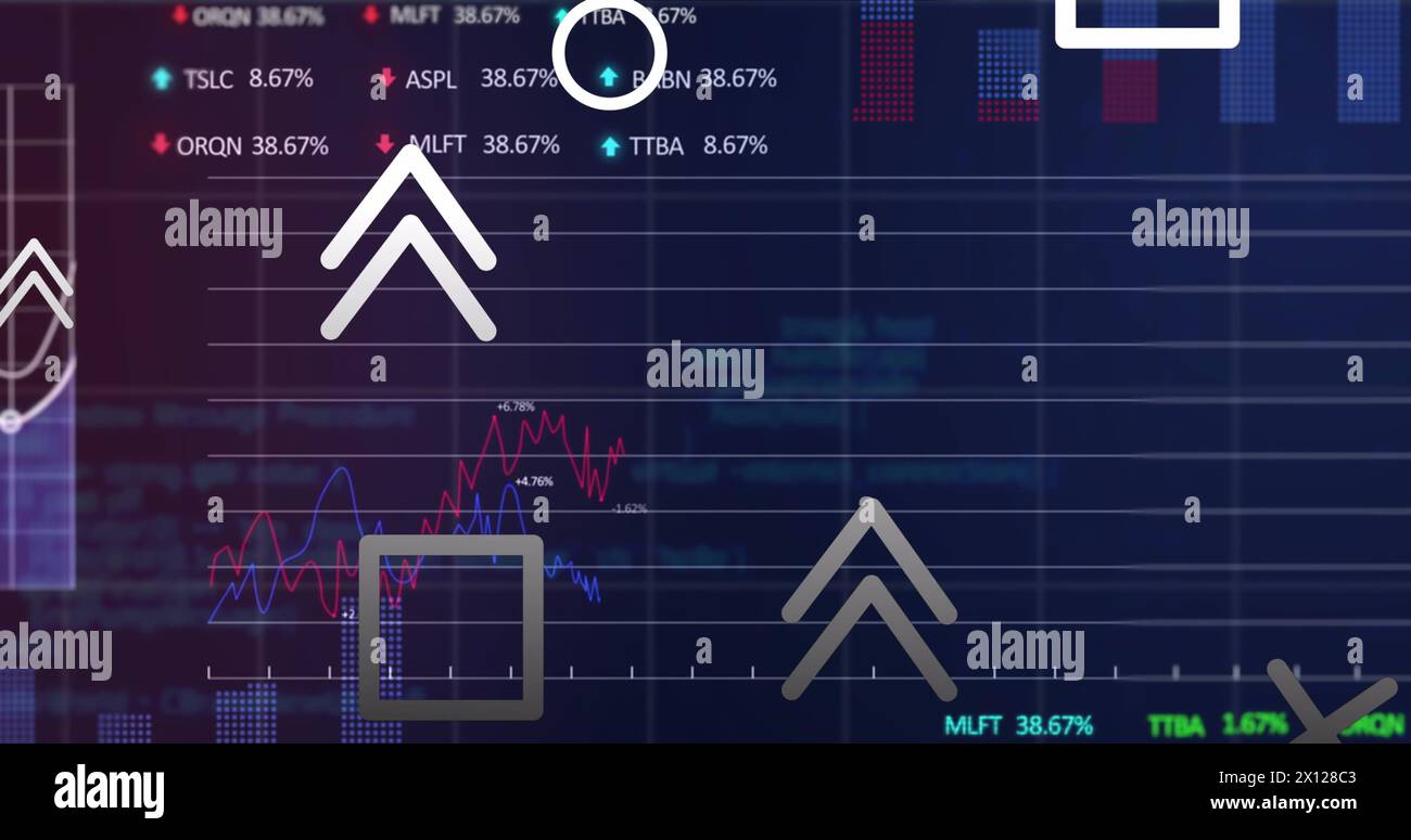 Image of up arrows, geometric shapes, trading board and multiple graphs ...