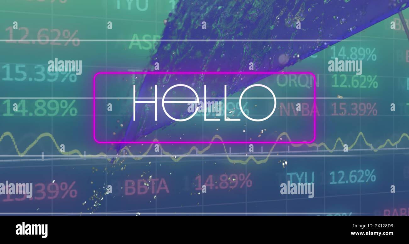 Image of hello text in rectangle over graphs, numbers and trading board ...