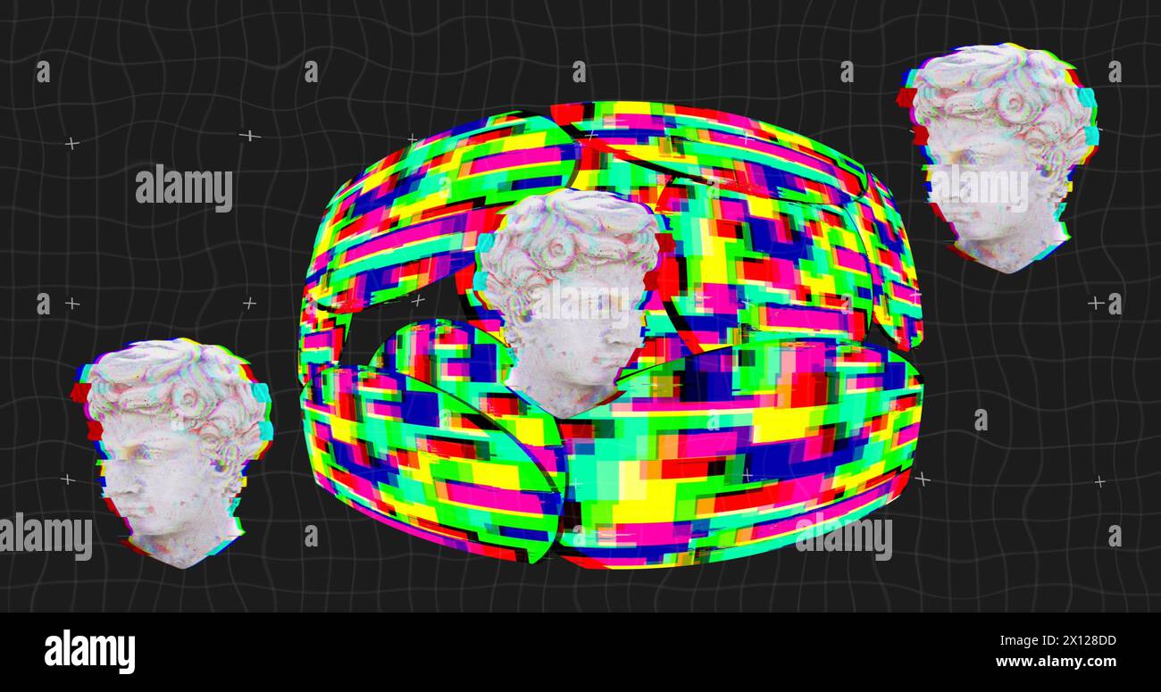 Image of antique head sculptures over multi coloured shape on black ...