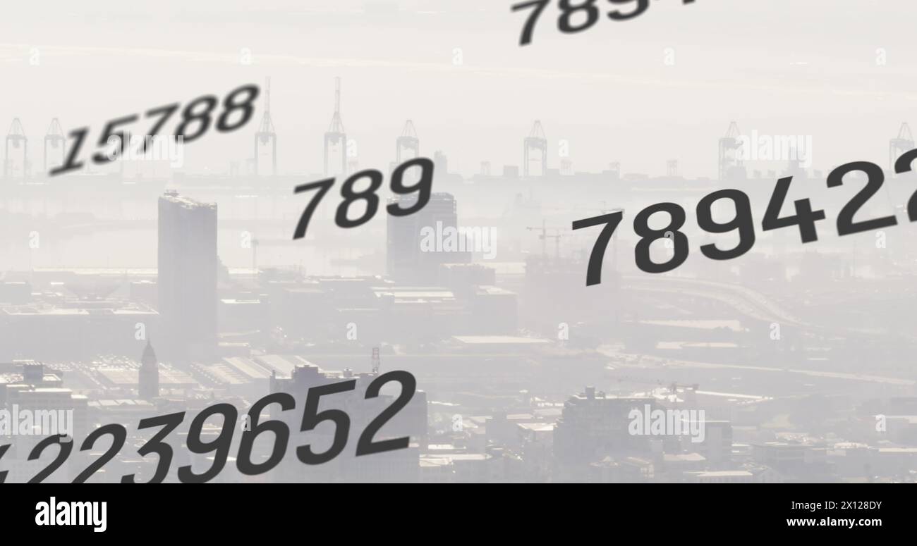 Image of multiple changing numbers against aerial view of cityscape ...