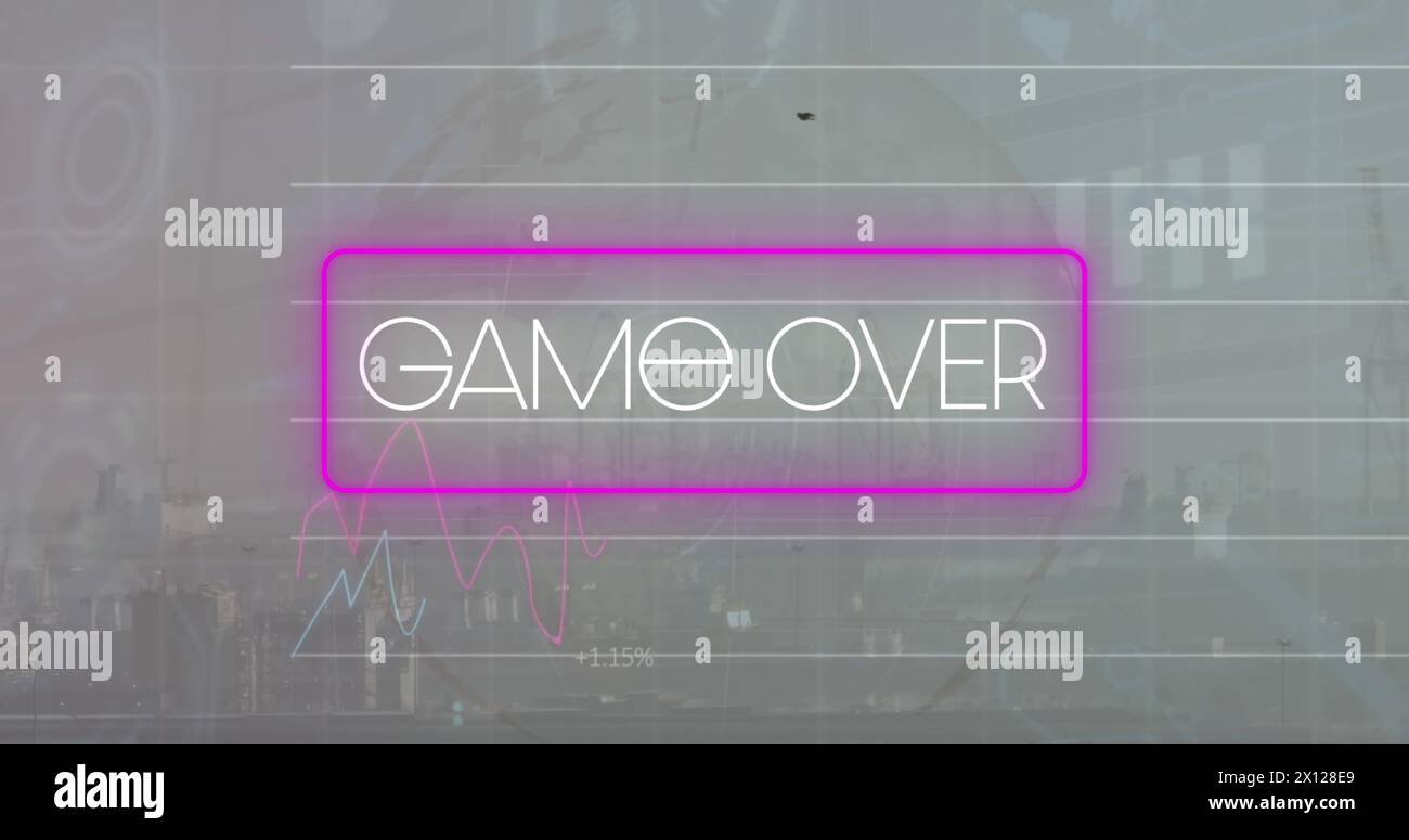 Image of game over text in rectangle, graphs with numbers and globe ...