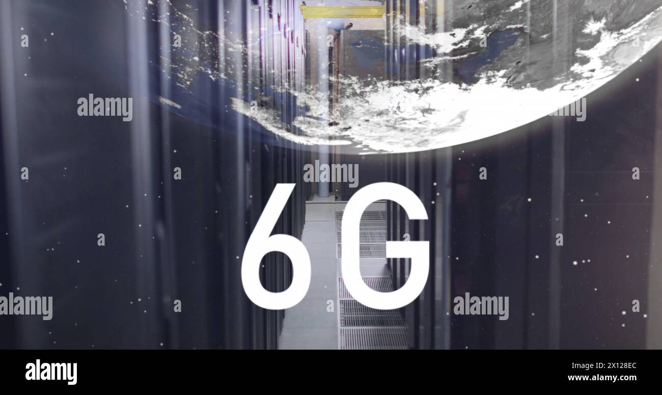 Image of globe and 6g text and dots over server room in background ...