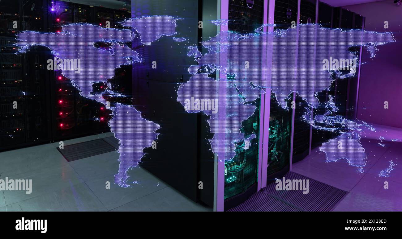 Image of glitch technique in map over illuminated server rack in server ...