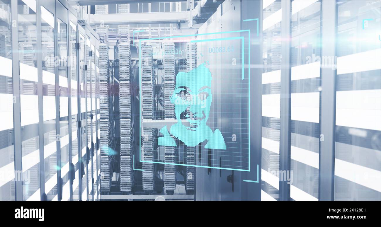 Image of multiple profile icons and data processing against light trails over server room Stock ...