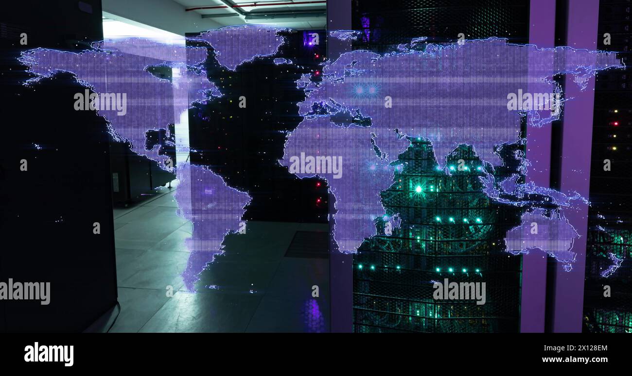 Image of glitch effect over world map against computer server room ...