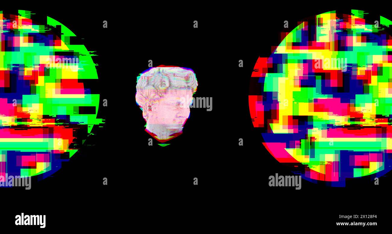 Image of antique head sculpture over multi coloured circles on black ...