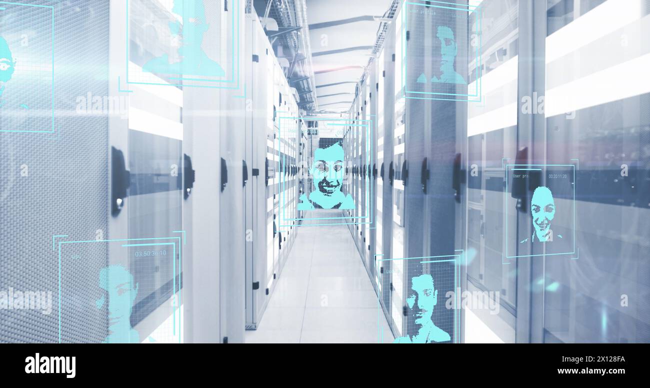 Image of multiple profile icons and data processing against light trails over server room Stock ...