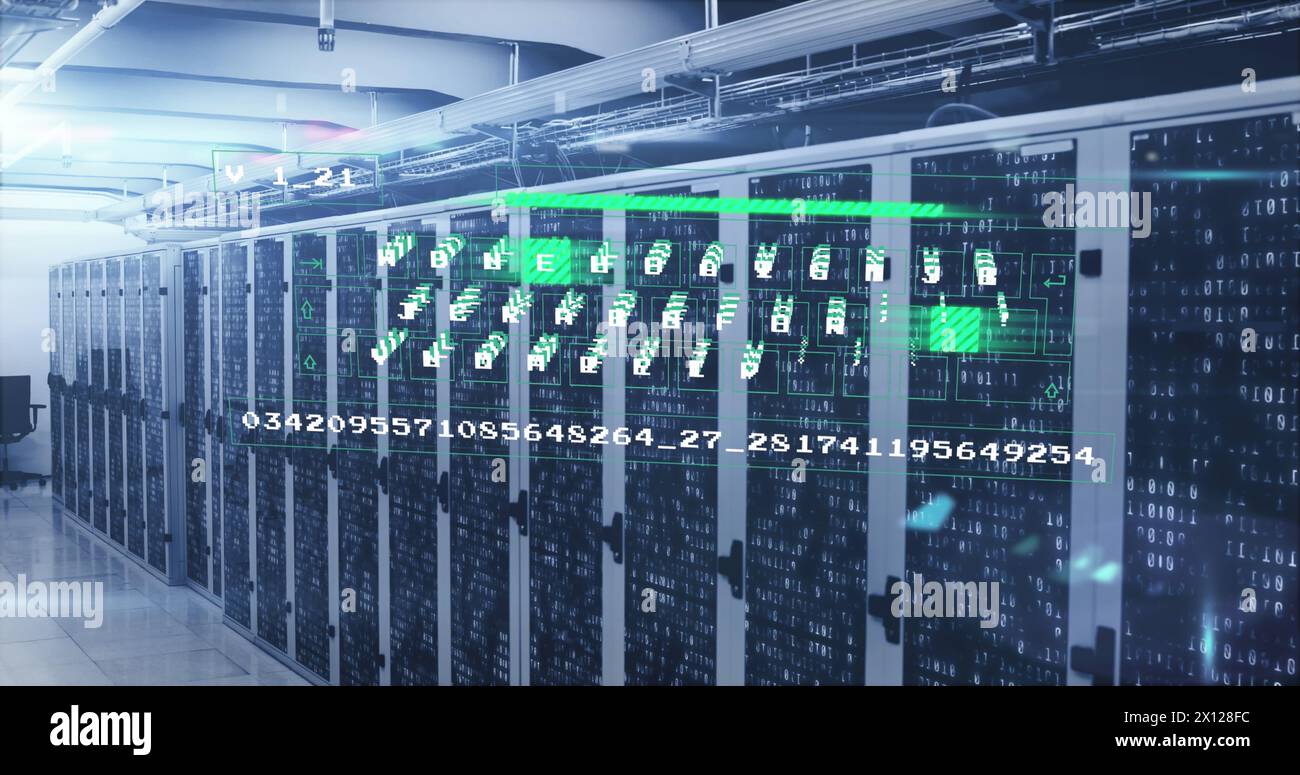 Image of data processing against mosaic squares over computer server room Stock Photo - Alamy
