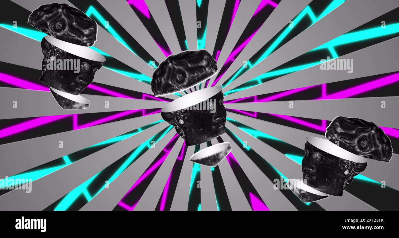 Image of antique sliced head sculptures over abstract shapes spinning ...