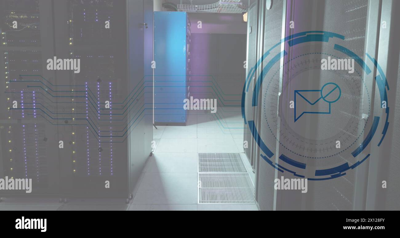 Image of envelope and stop symbol over illuminated data server racks in server room Stock Photo ...