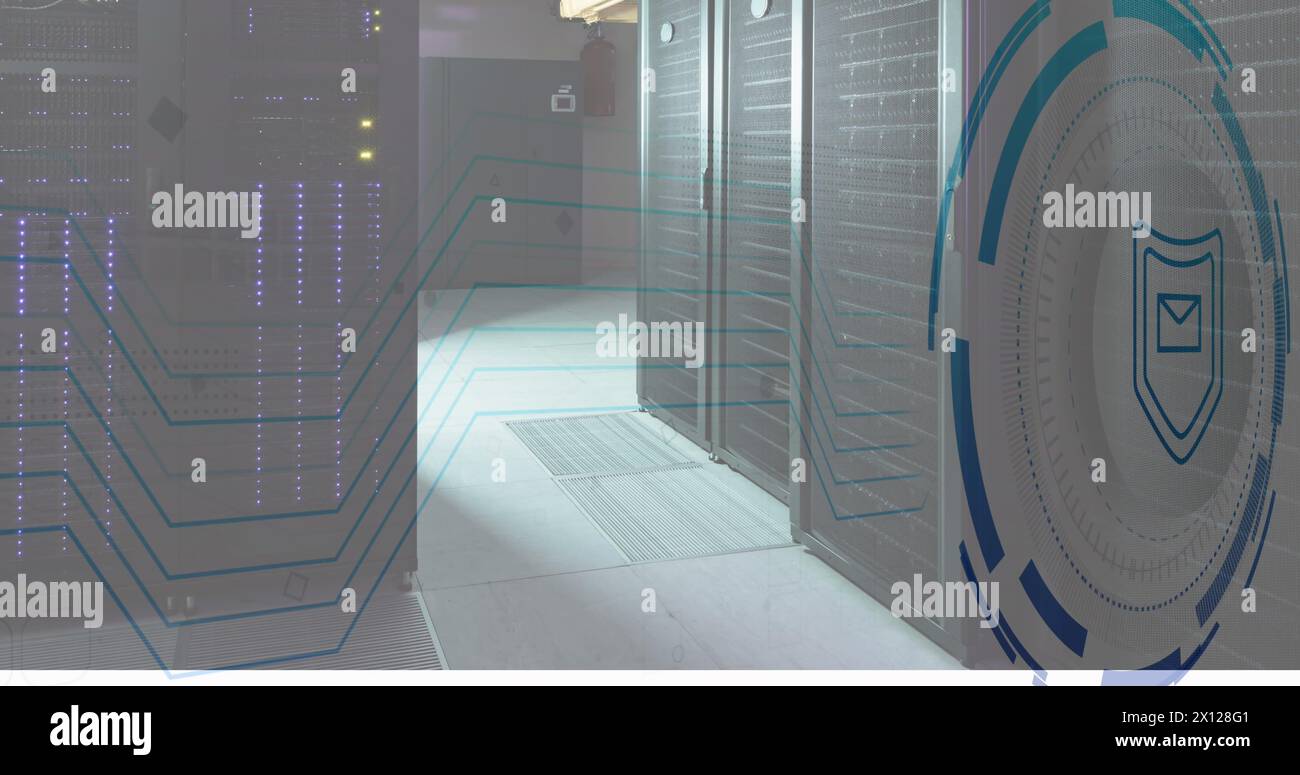 Image of envelope and shield in loading circles over server room Stock Photo - Alamy