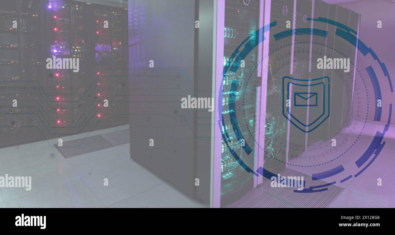 Image of envelope and shield in loading circles, illuminated data ...