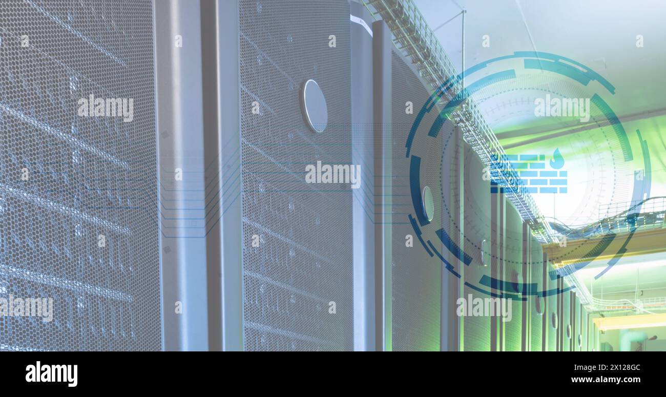 Image of firewall icon in loading circles over server racks in server ...