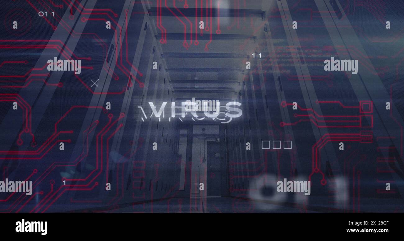 Image of virus text, binary codes and computer language, low angle view of server room Stock ...