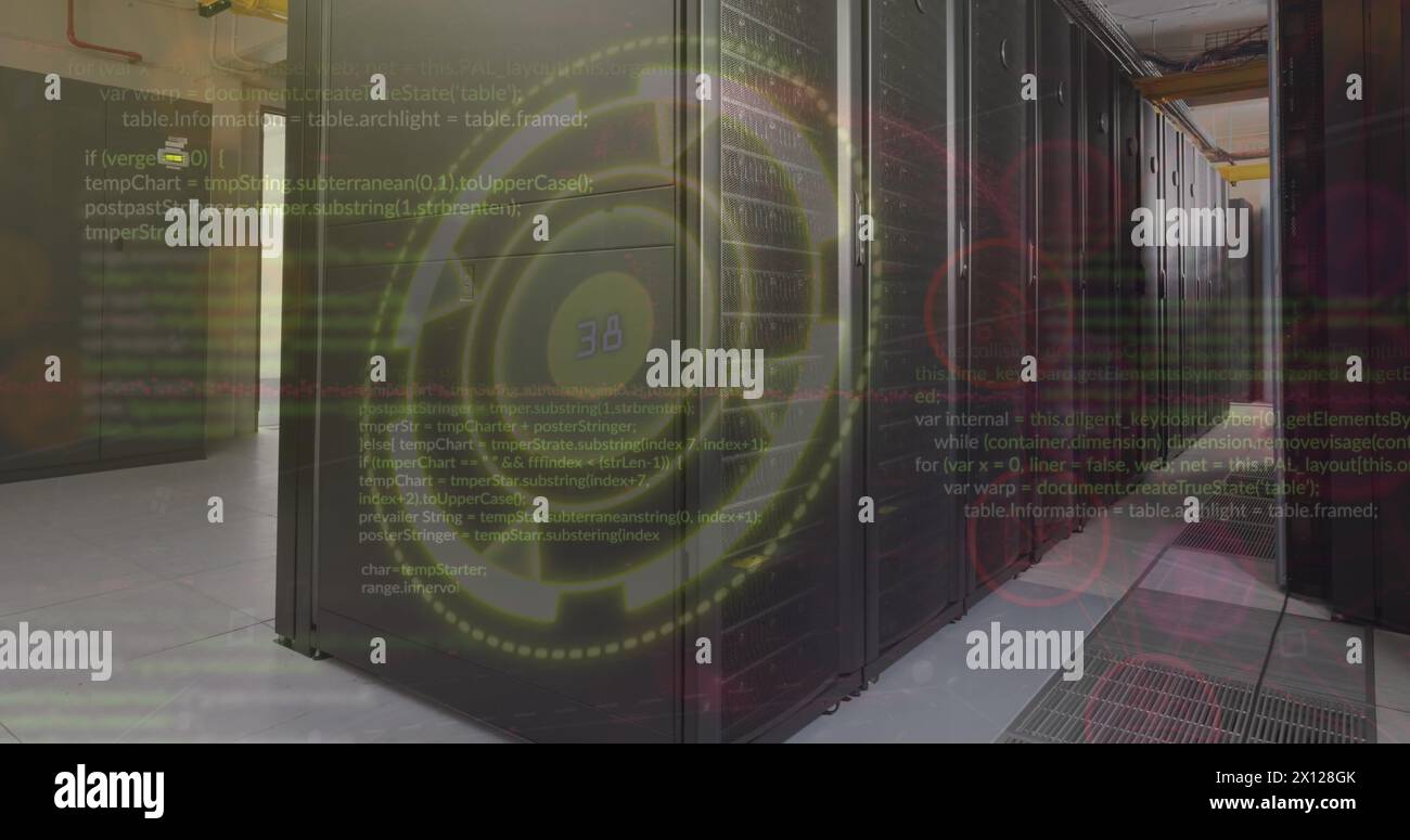 Image of icons, computer language and loading circle over serve room Stock Photo - Alamy