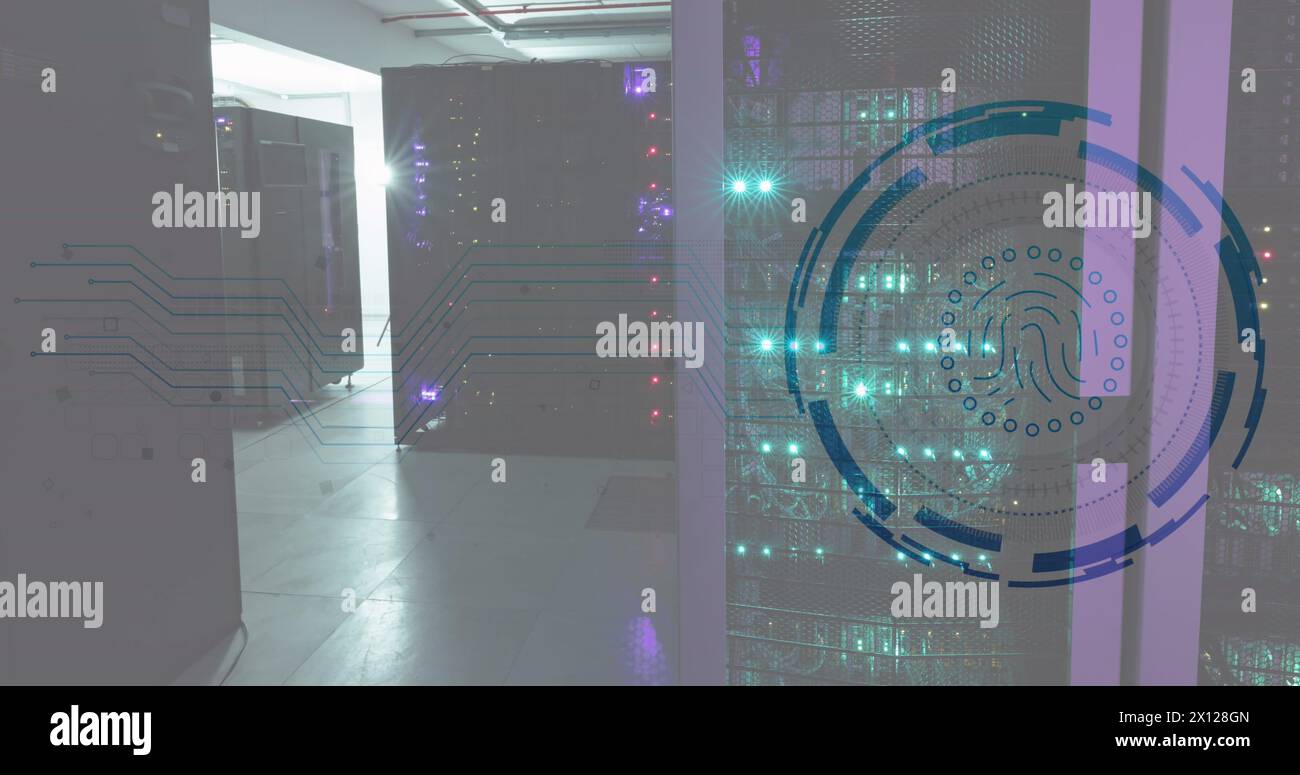 Image of fingerprint in loading circles over data server racks in server room Stock Photo - Alamy