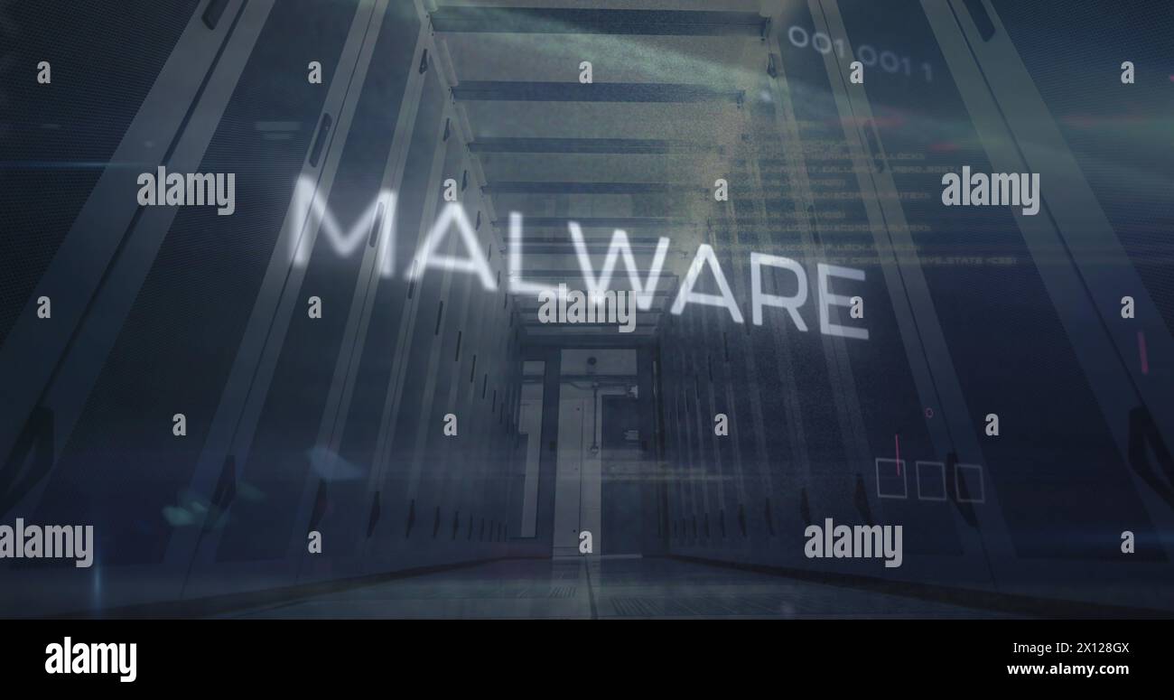 Image of malware text and computer language over low angle view of server room Stock Photo - Alamy