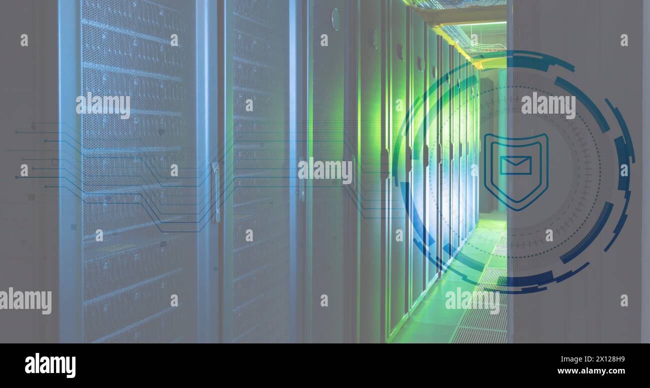 Image of envelope and shield in loading circles over server room Stock Photo - Alamy