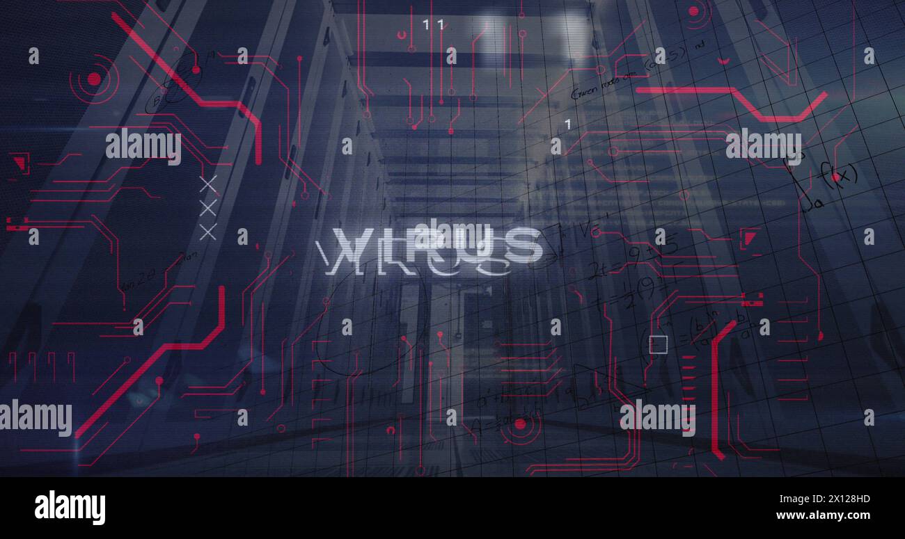 Image of virus text in circles over mathematical equations and computer language on server room ...