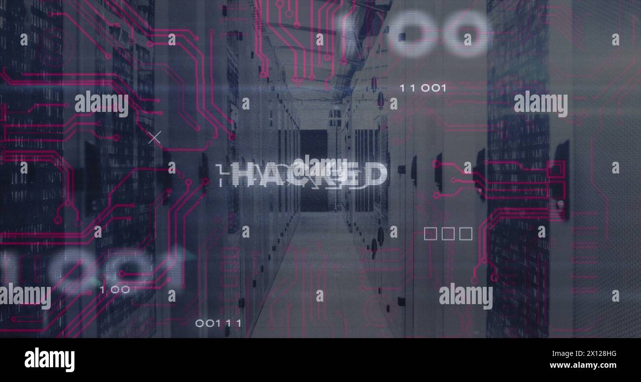 Image Of Circuit Board Pattern Around Hacked Text Over Binary Codes On
