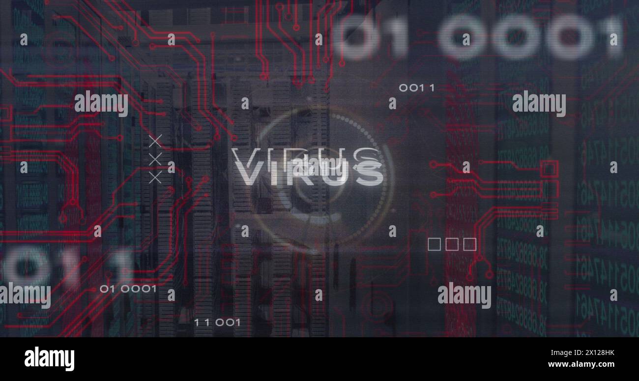 Image Of Virus Text On Circles Circuit Board Pattern Binary Codes Numbers On Server Room