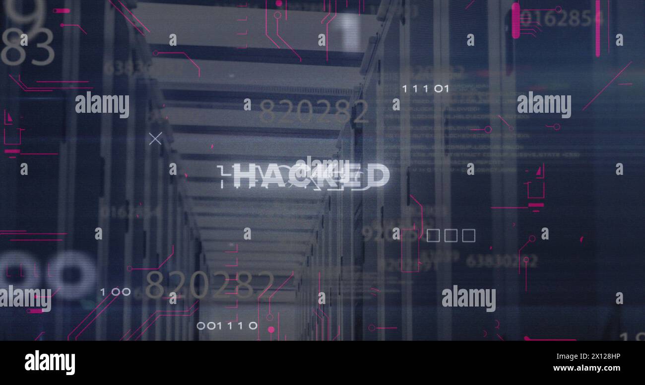 Image of changing numbers, hacked text, computer language and binary codes over server room ...