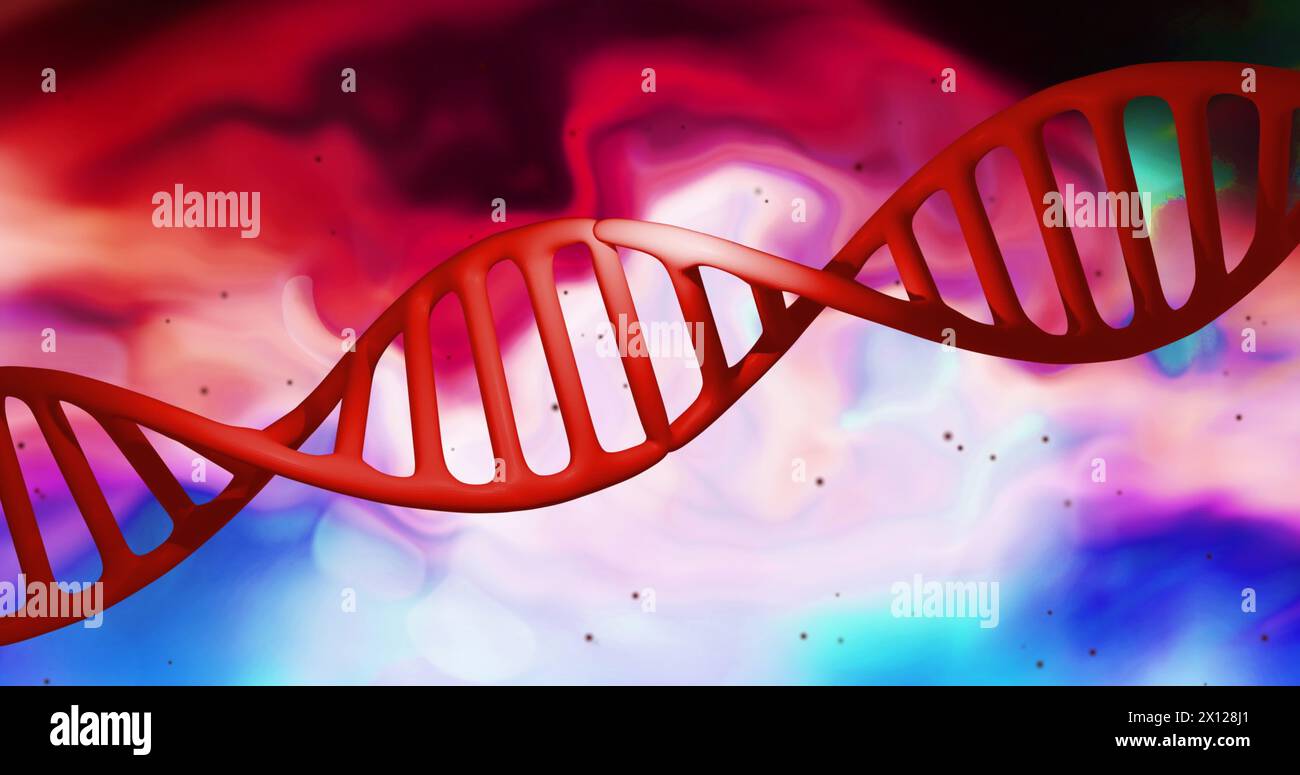 Red dna strand over colourful waves and processing data Stock Photo - Alamy