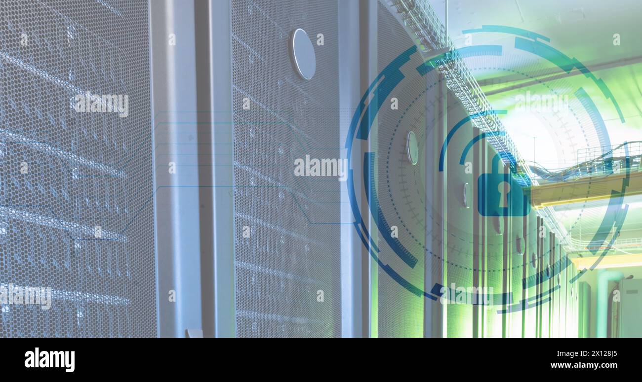 Image of padlock in loading circles over data server racks in server room Stock Photo - Alamy