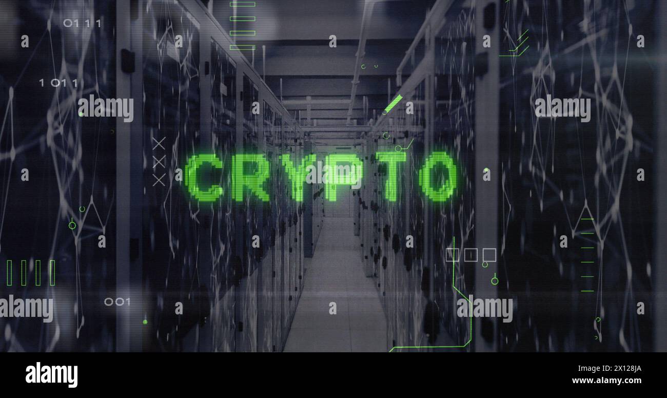 Image Of Crypto Text X Sign Binary Codes And Circuit Board Patterns Over Server Room Stock
