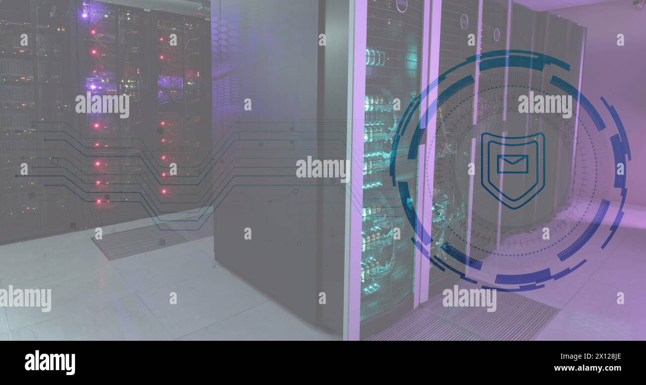 Image of envelope and shield in loading circles, illuminated data server racks in server room ...