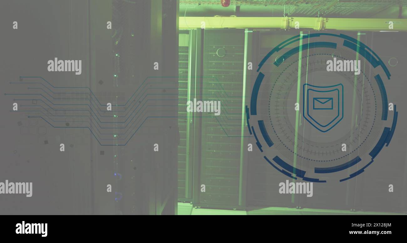 Image of envelope and shield in loading circles, illuminated data server racks in server room ...
