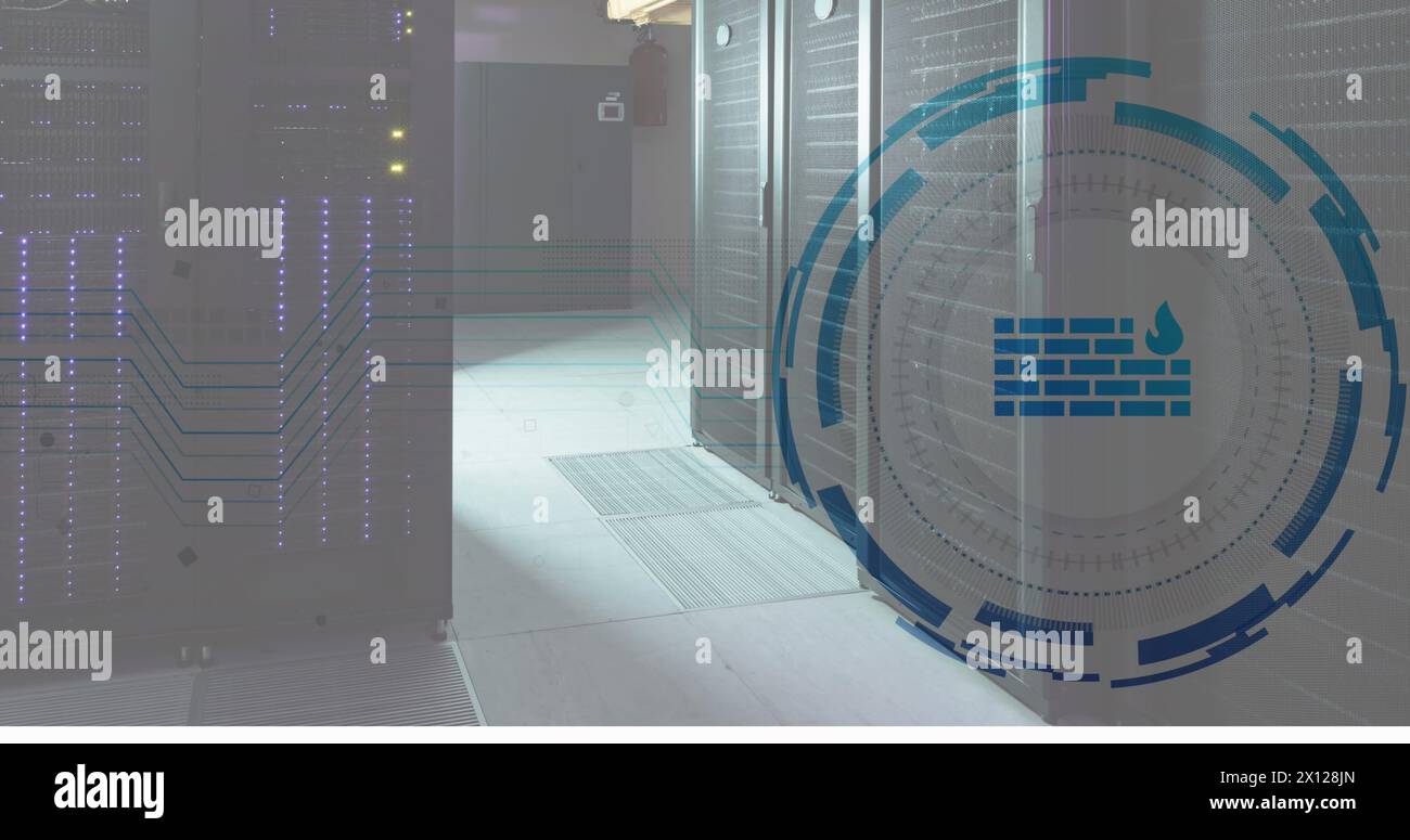 Image of firewall icon in loading circles over illuminated server racks in server room Stock ...