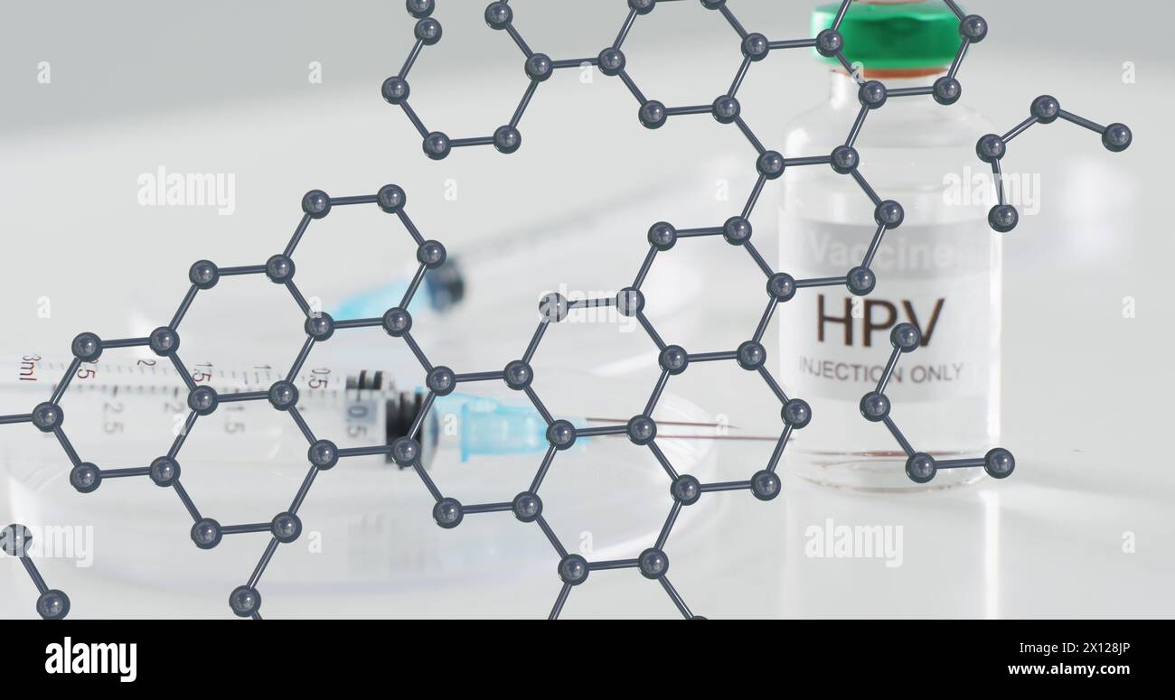 Molecular structure model over syringe and hpv vaccine vial Stock Photo ...