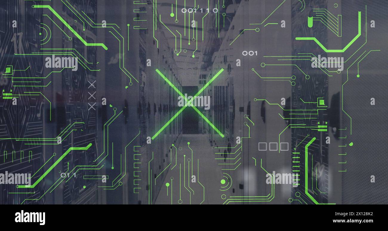 Image of x symbol with binary codes over circuit board pattern on ...