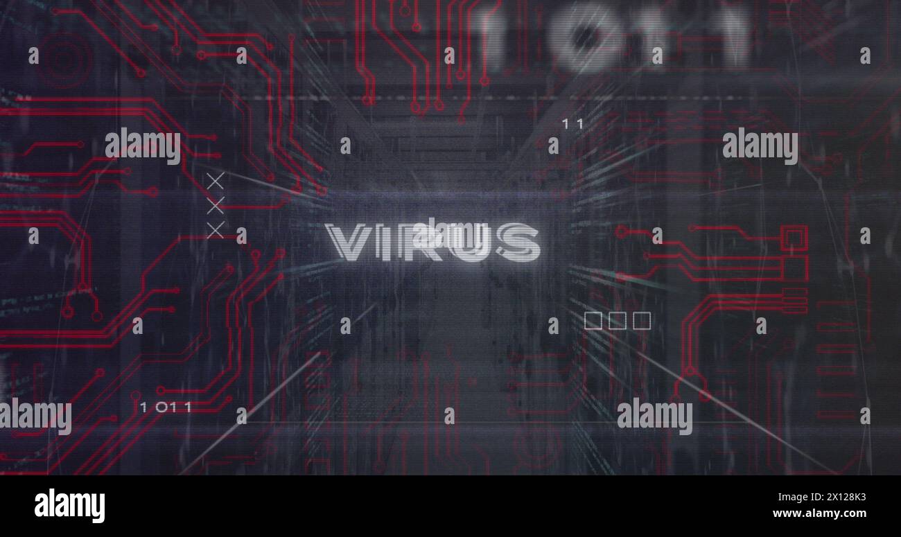 Image Of Virus Text Over Binary Codes Computer Language Against Connected Dots On Server Room 