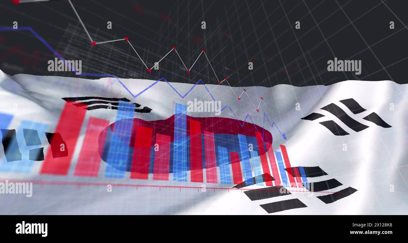 Image of diagrams, data processing and flag of south korea over black ...