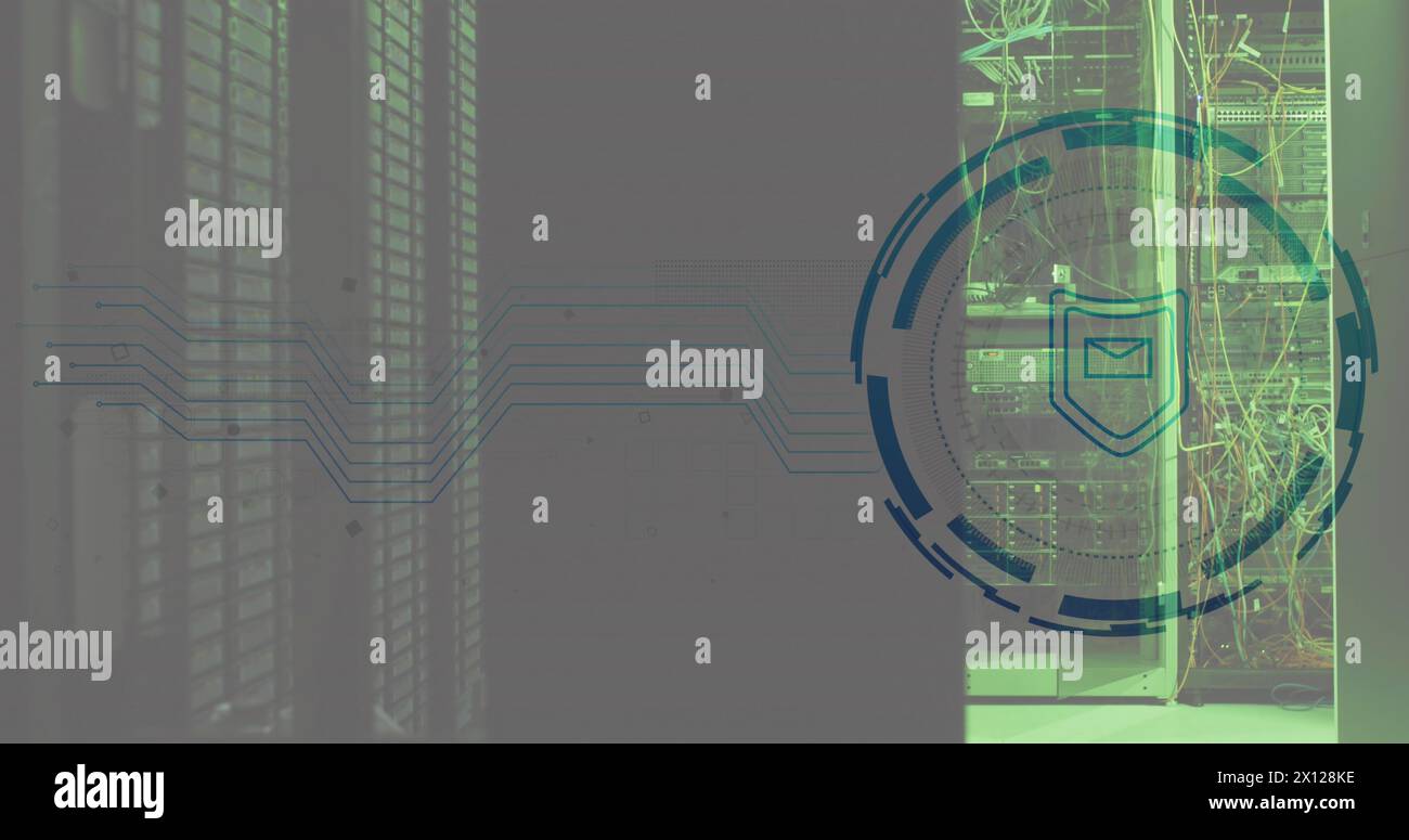 Image Of Envelope And Shield In Loading Circles Illuminated Data Server Racks In Server Room