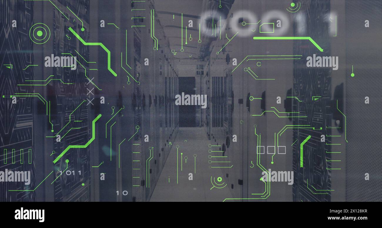 Image of x symbol with binary codes and circuit board patterns over ...