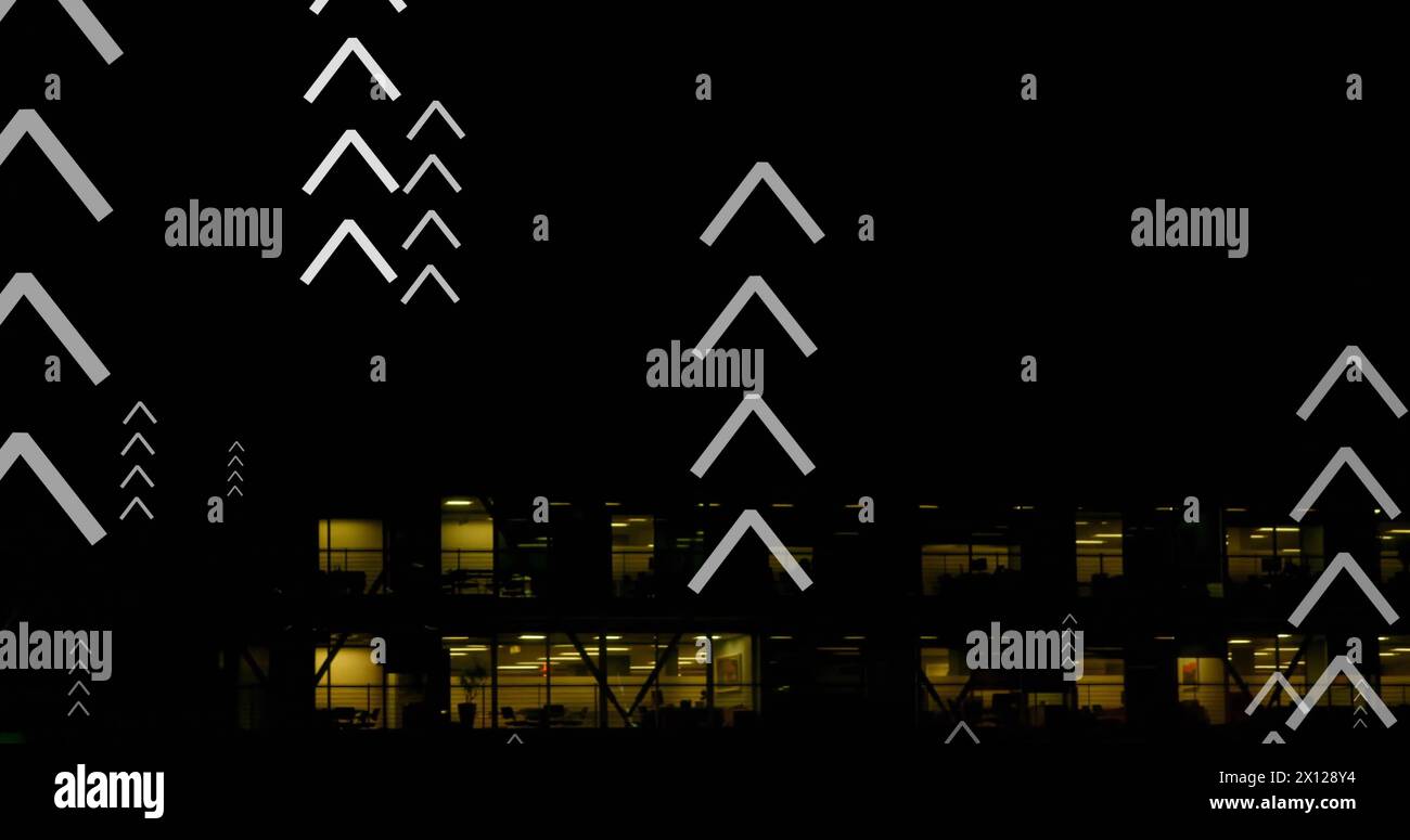 Image of multiple up arrows over aerial view of illuminated modern ...